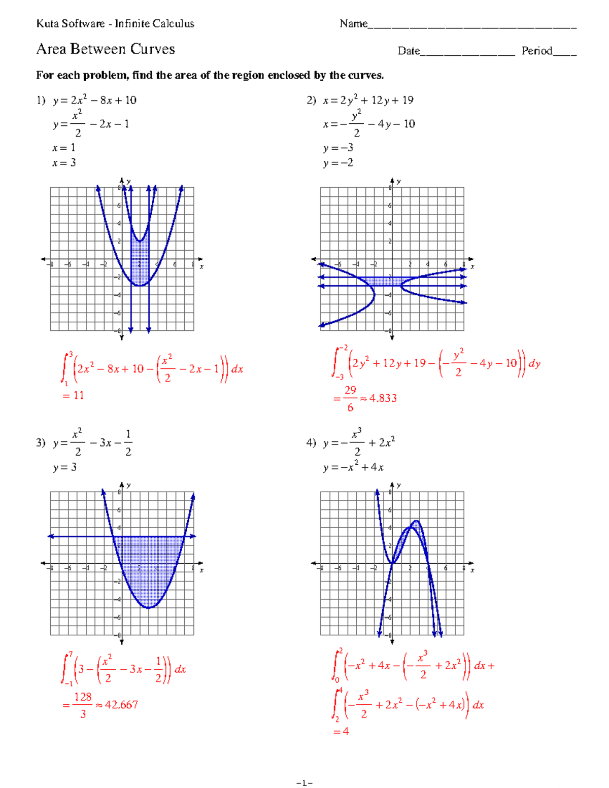 07 - Area Between Curves Calculus Worksheet Answers - Studocu