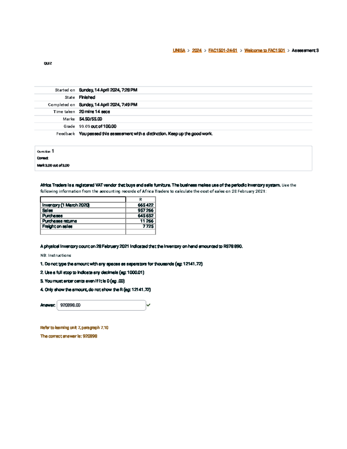 UNISA FAC1501 Assessment 3 Quiz Answers & Feedback 2024 S2 - Studocu