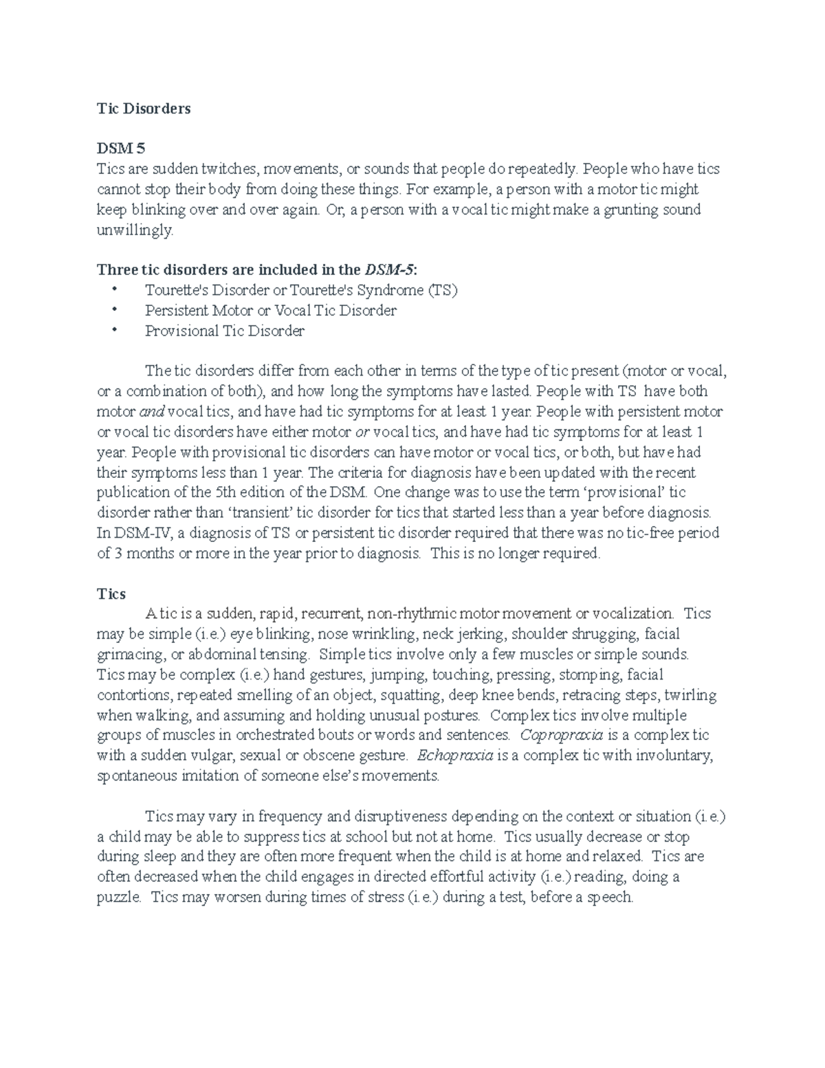 Tic Disorders - Lecture notes 5 - Tic Disorders DSM 5 Tics are sudden ...