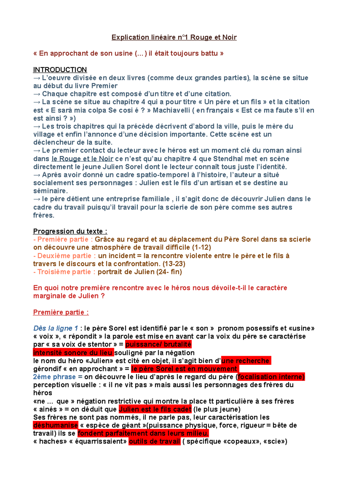 Explication linéaire Rouge et noir - Explication linéaire n°1 Rouge et ...