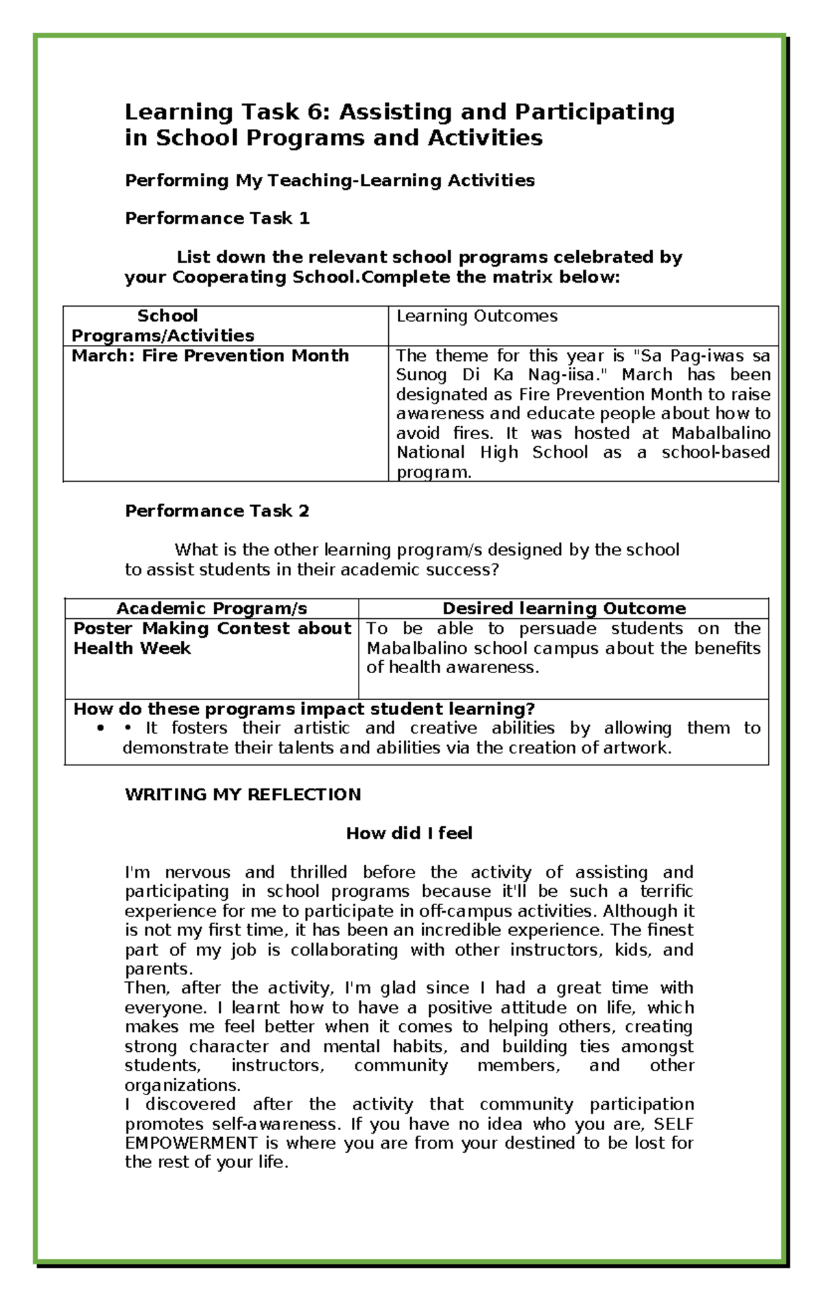 Learning Task 6: School Programs & Activities Reflection in Teaching ...
