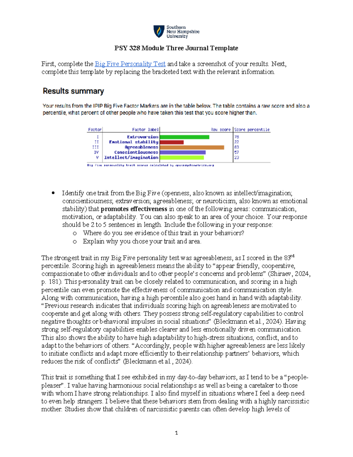PSY 328 Module Three Big Five Personality Reflection Journal - Studocu