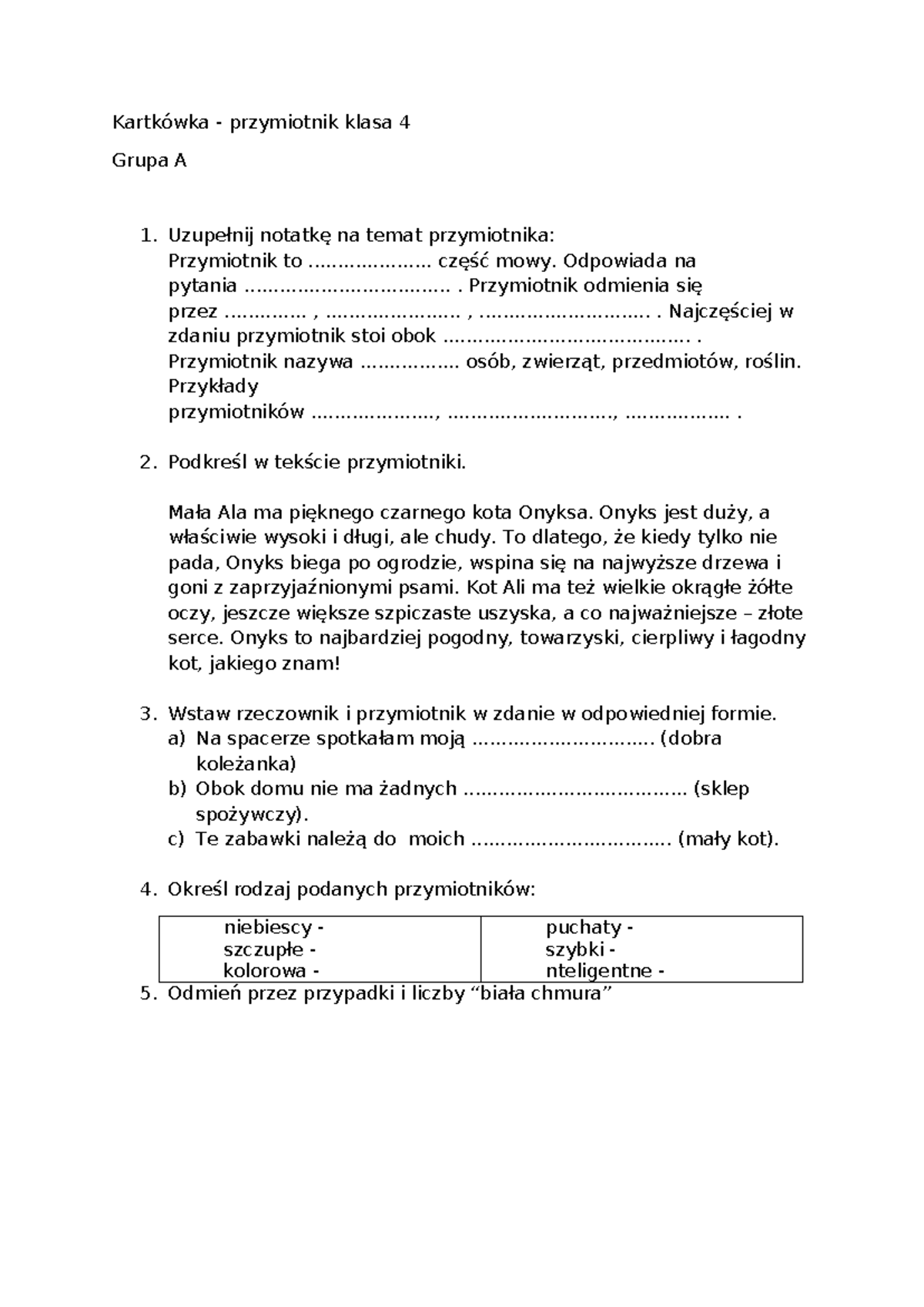 Kartkówka przymiotników - klasa 4, Grupa A i B - Studocu