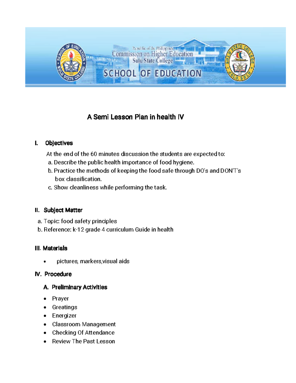 Health and Safety Lesson Plan for PE (BEE3A) - Studocu
