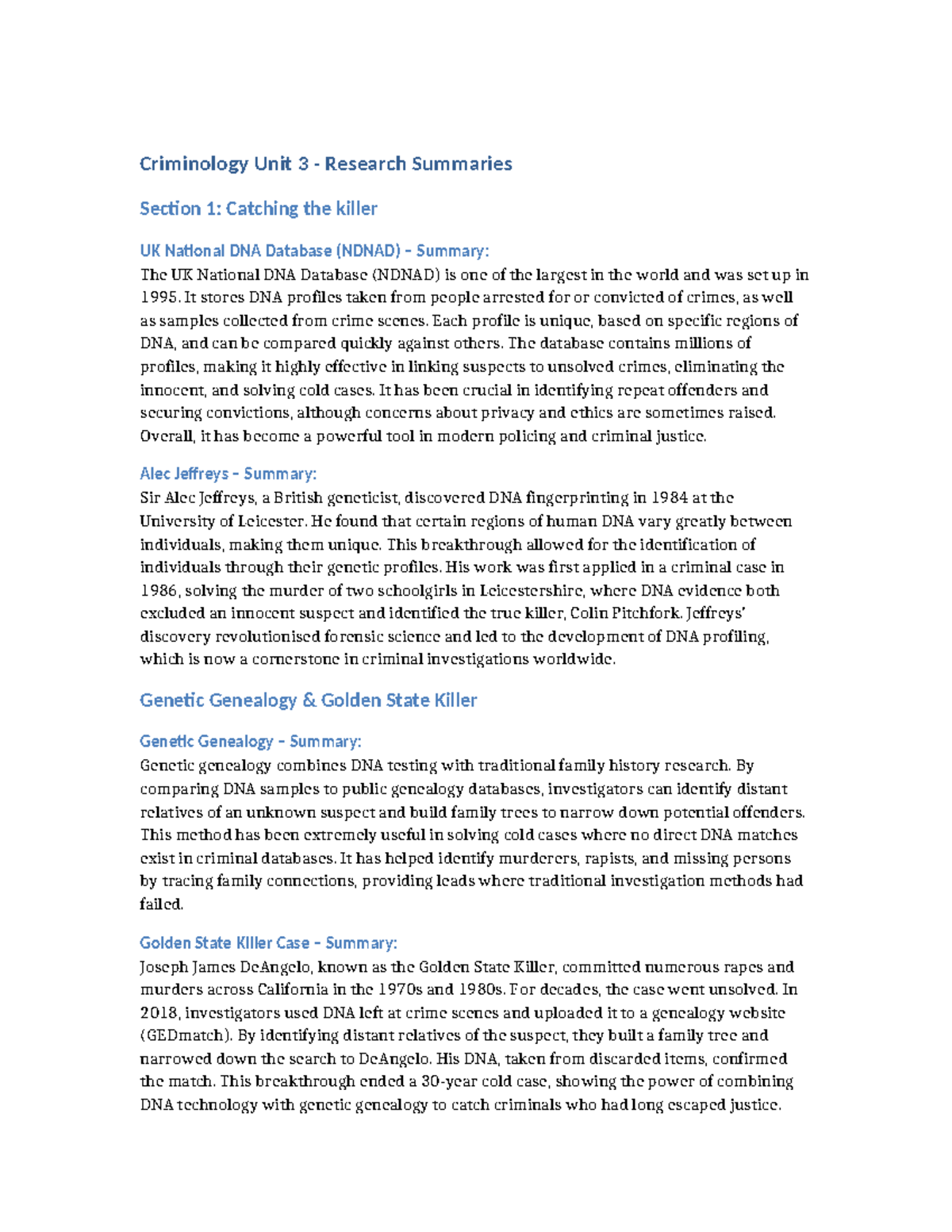 Criminology Unit 3: DNA Database & Genetic Genealogy Insights - Studocu