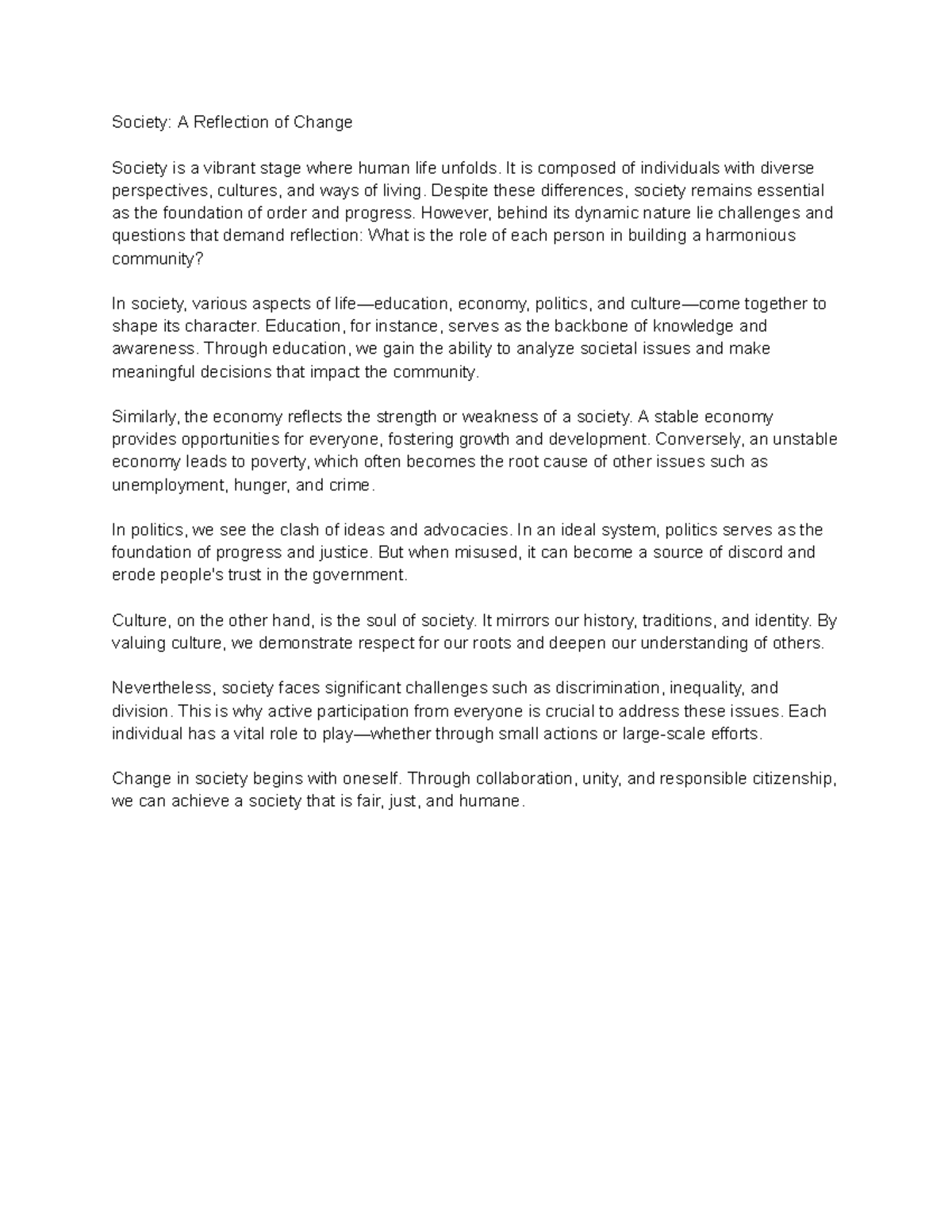 Reflection on Society: Understanding Change and Community Dynamics ...