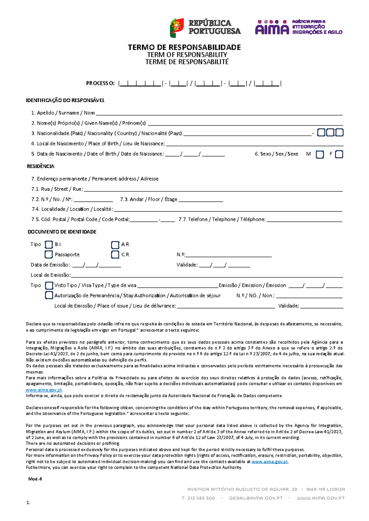 Termo de Responsabilidade AIMA 2024 - Mod. 4 - Studocu