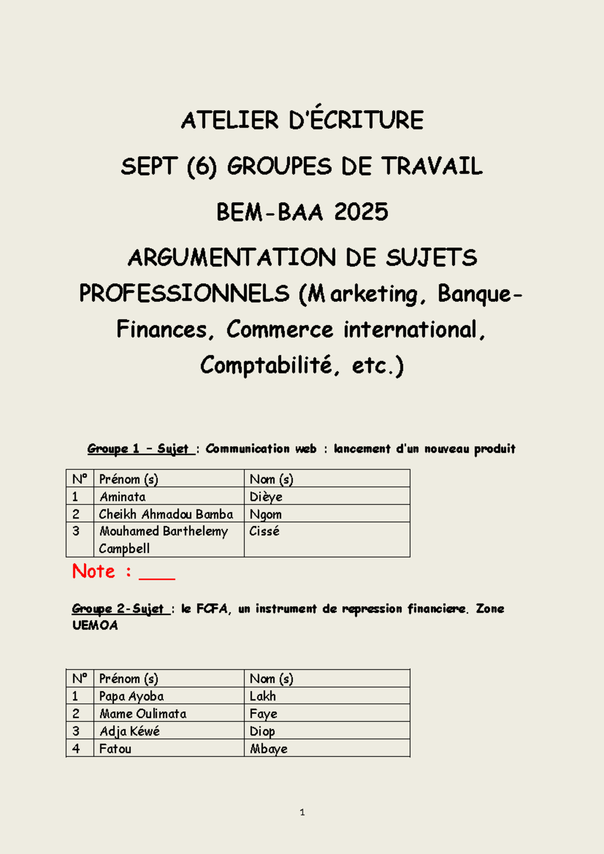 BEM-BAA 2025: Atelier d'Écriture - Groupes de Travail et Sujets - Studocu