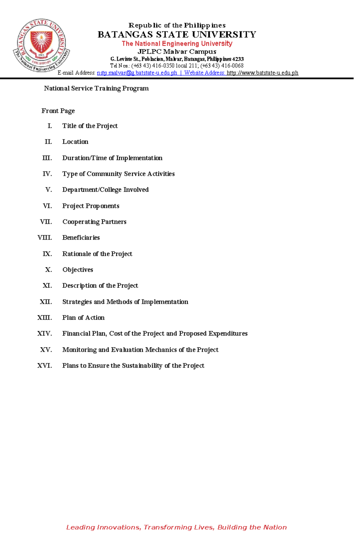 Project Proposal Template for NSTP at Batangas State University - Studocu