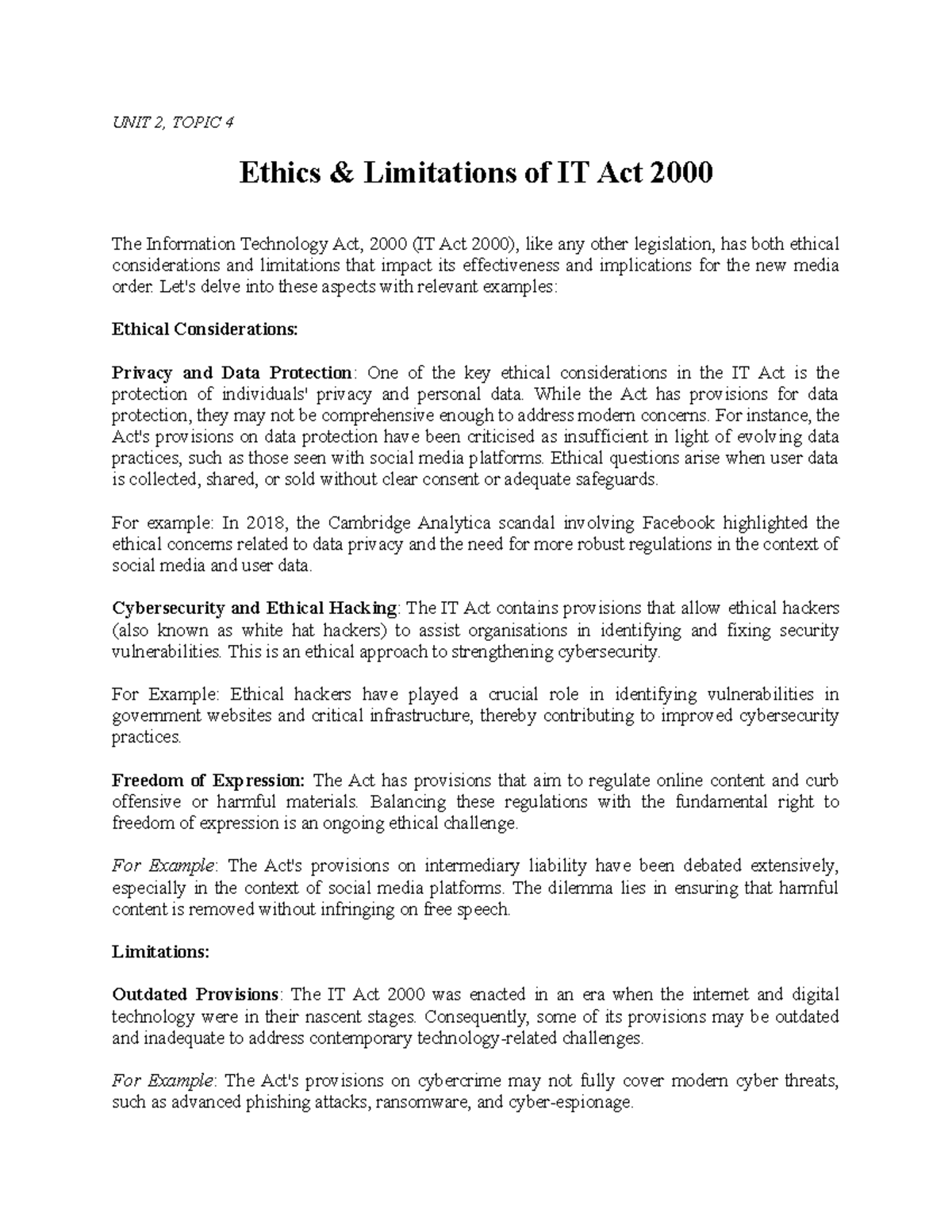 Ethics & Limitations of IT Act 2000 - UNIT 2, TOPIC 4 Ethics ...