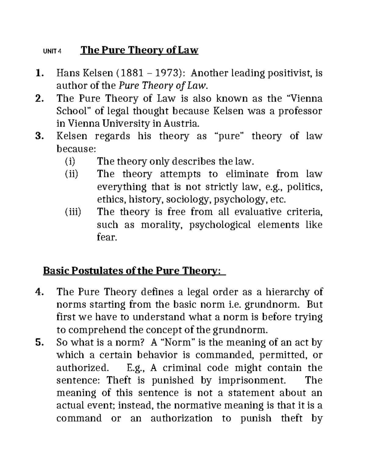 Unit 4: Kelsen's Pure Theory of Law and Its Critiques - Studocu