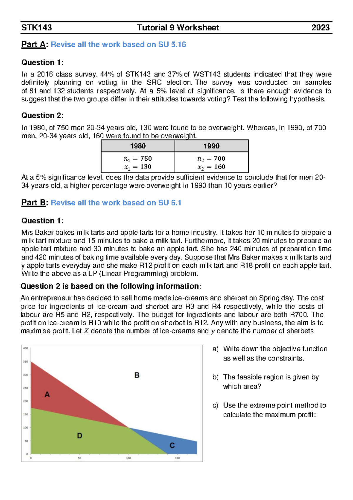 STK143 - Tutorial 9 Worksheet 2023: Hypothesis Testing & LP Problems ...