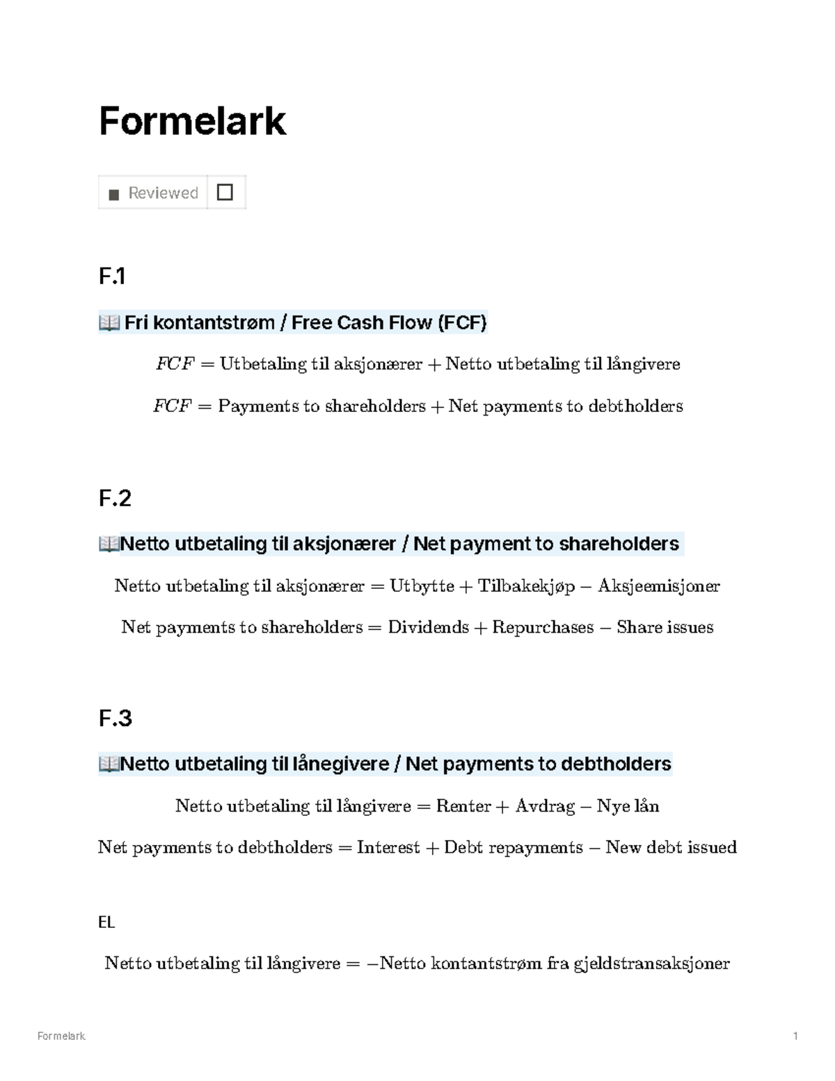 Formelark for Verdsettelse og Lønnsomhetsanalyse F.1-F.12 - Studocu