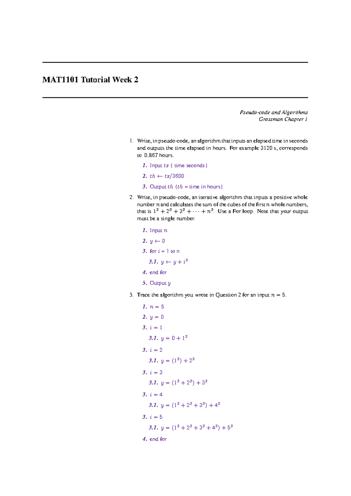 Week02 soln - Solutions - Week 2 - MAT1101 Tutorial Week 2 Pseudo-code ...
