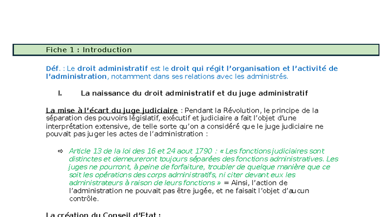 Fiche 1 : Introduction au Droit Administratif - Révision S1 - Studocu