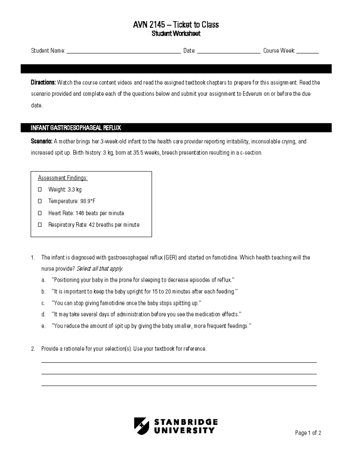 AVN 2145 Week 4 Worksheet on Infant Gastroesophageal Reflux 2023 - Studocu