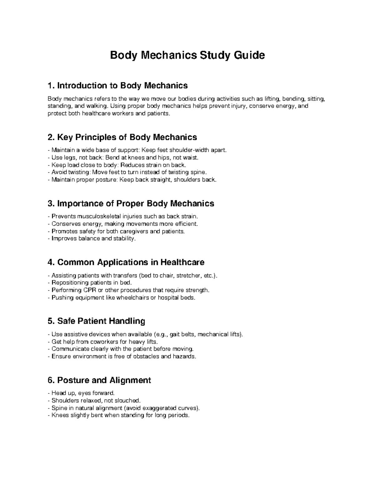 Body Mechanics Study Guide: Key Principles & Applications - Studocu