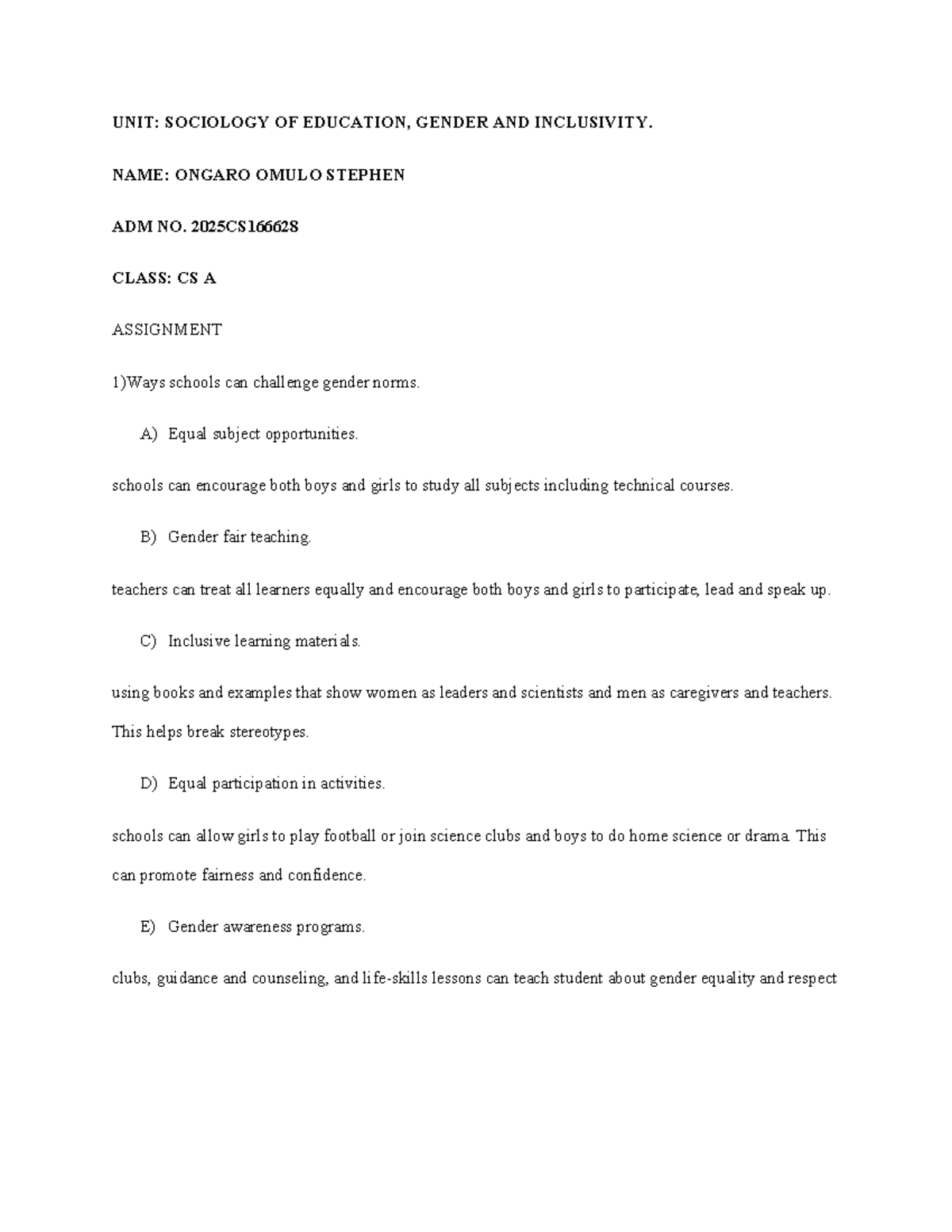 Sociology Assignment: Challenging Gender Norms in Education - Studocu