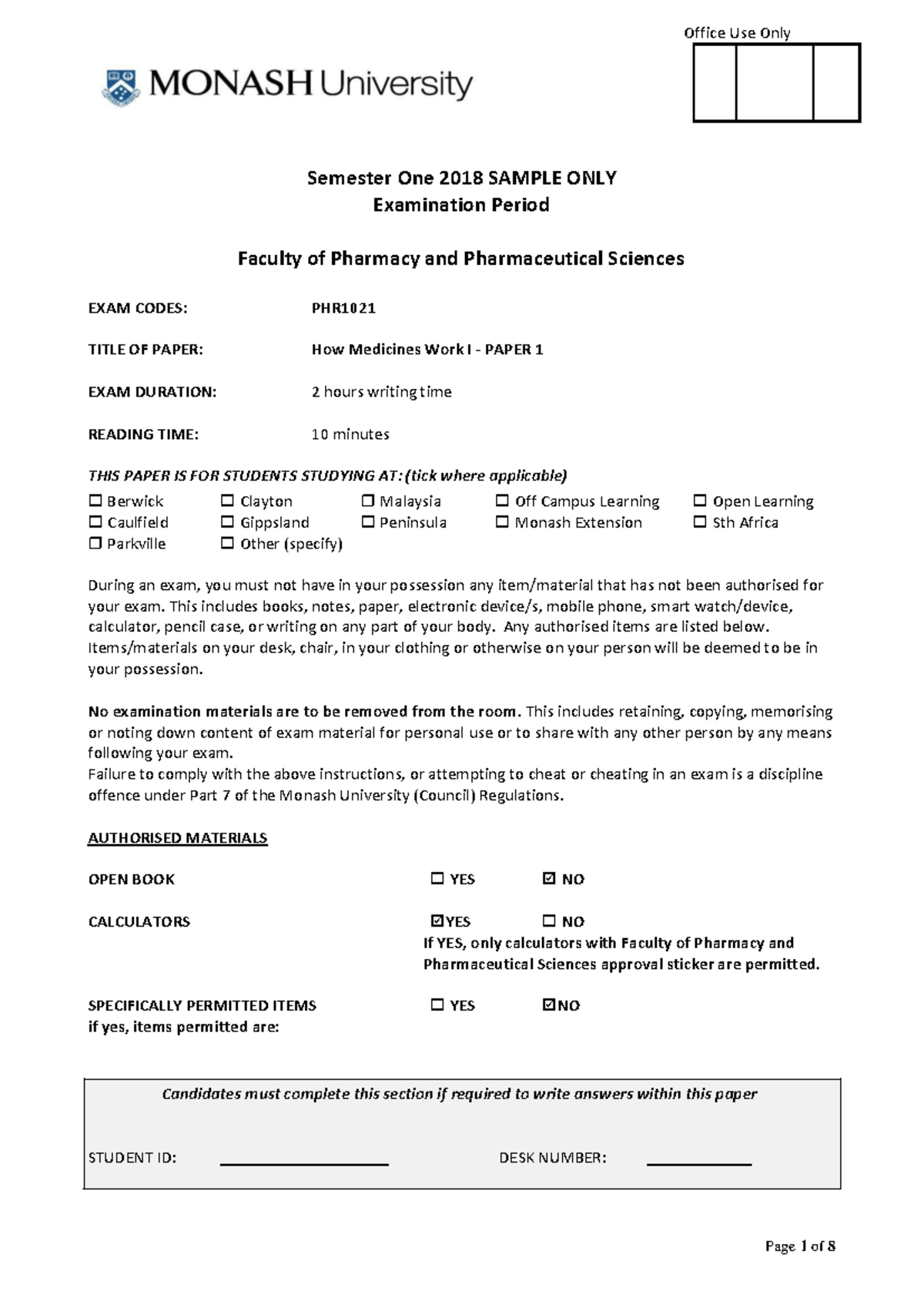Sample Practice Exam Paper for PHR1021: How Medicines Work I - Studocu