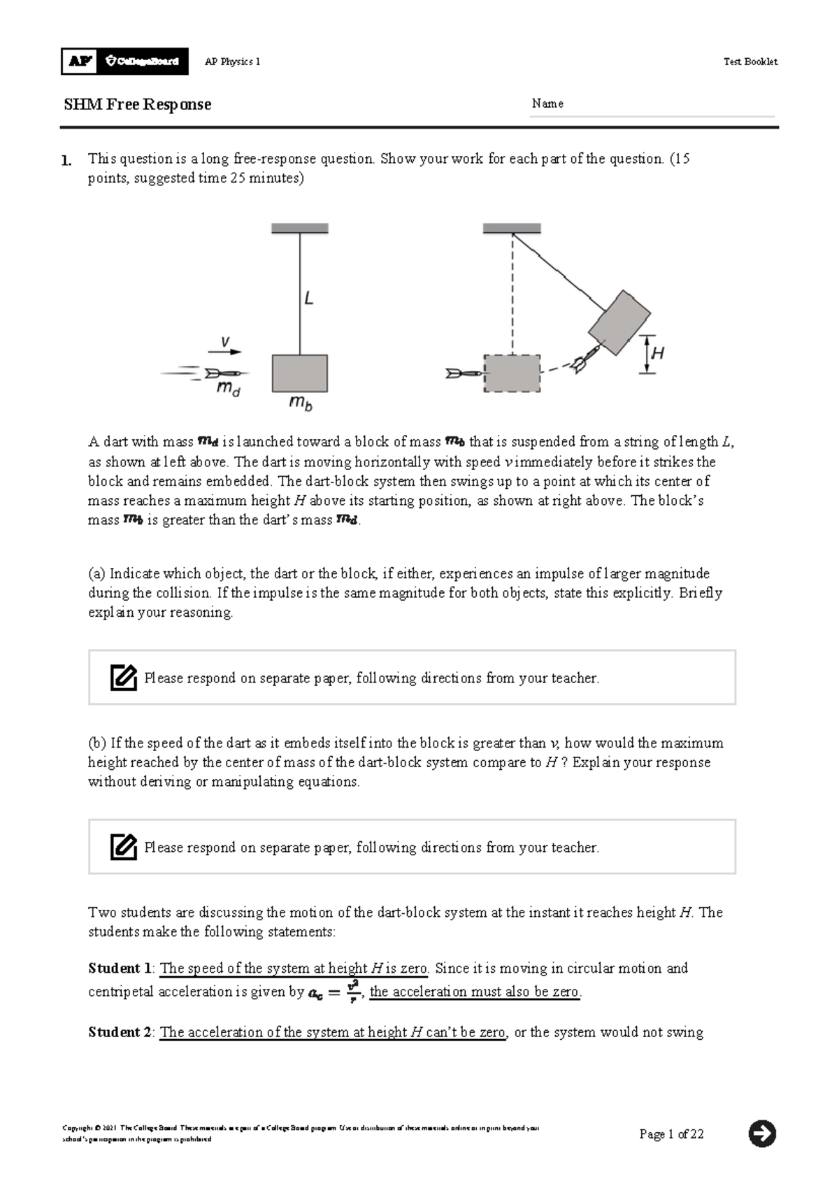 SHM FREE RES AP - AP Physics Prep - SHM Free Response Name Copyright ...