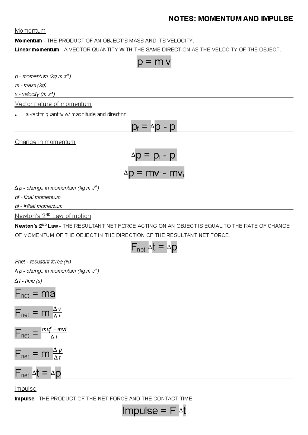 Momentum and Impulse Notes: Physics Concepts and Applications - Studocu