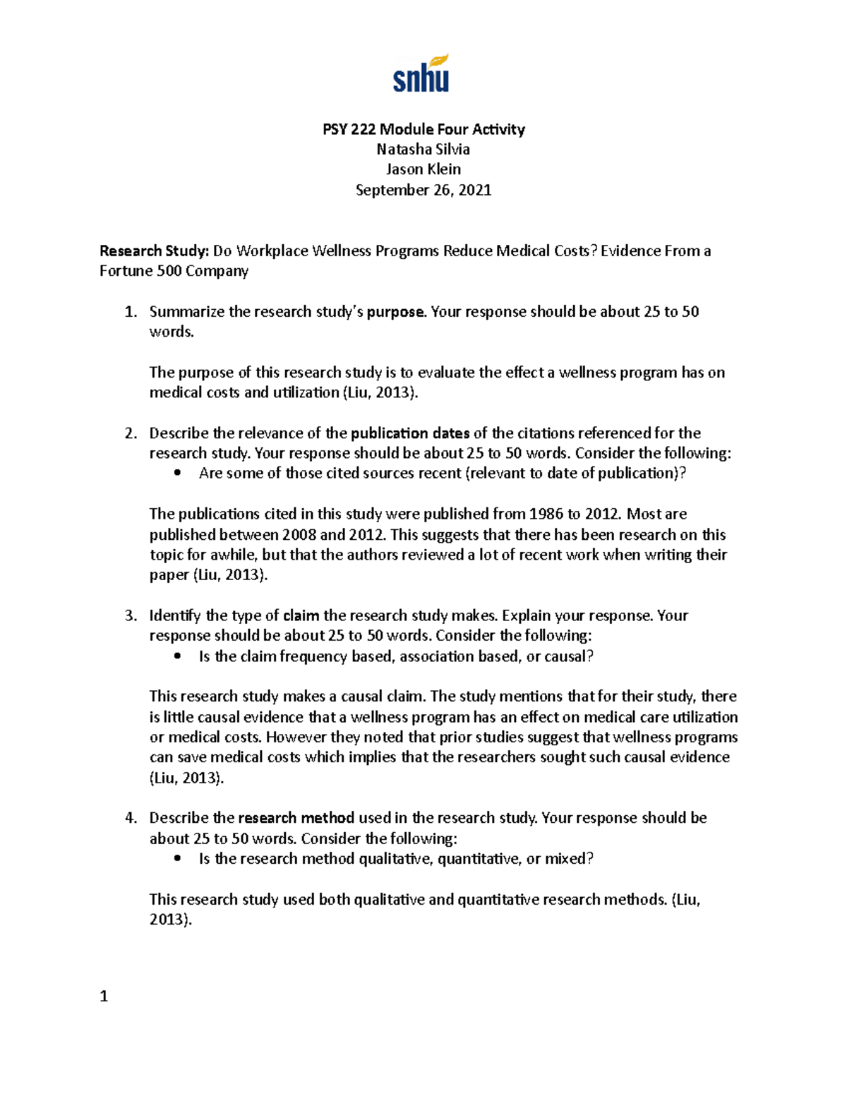 PSY222 Module 4 Activity: Evaluating Workplace Wellness Programs - Studocu