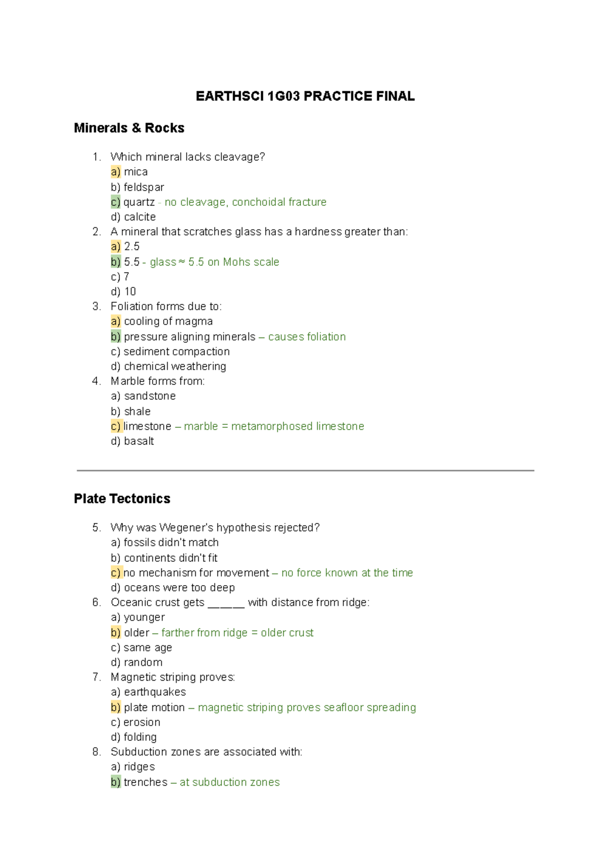 EARTHSCI 1G03 PRACTICE FINAL REVIEW: Minerals, Rocks & Processes - Studocu
