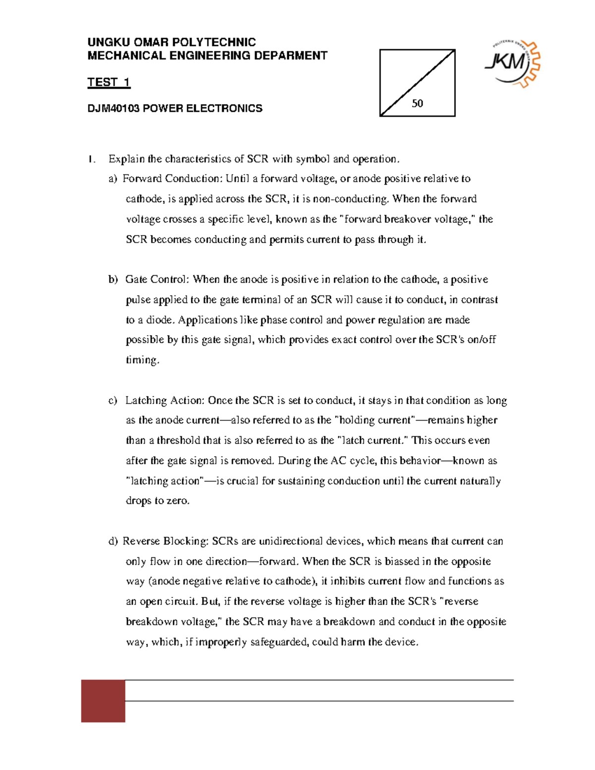 DJM40103 Power Electronics TEST 1 - Concepts and Operations Explained ...