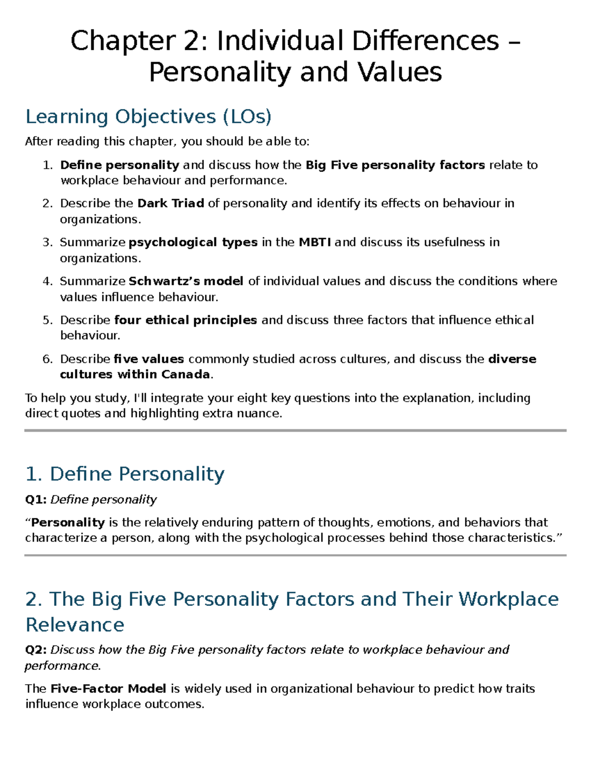 Chapter 2: Individual Differences in Personality & Values - Key Insights - Studocu