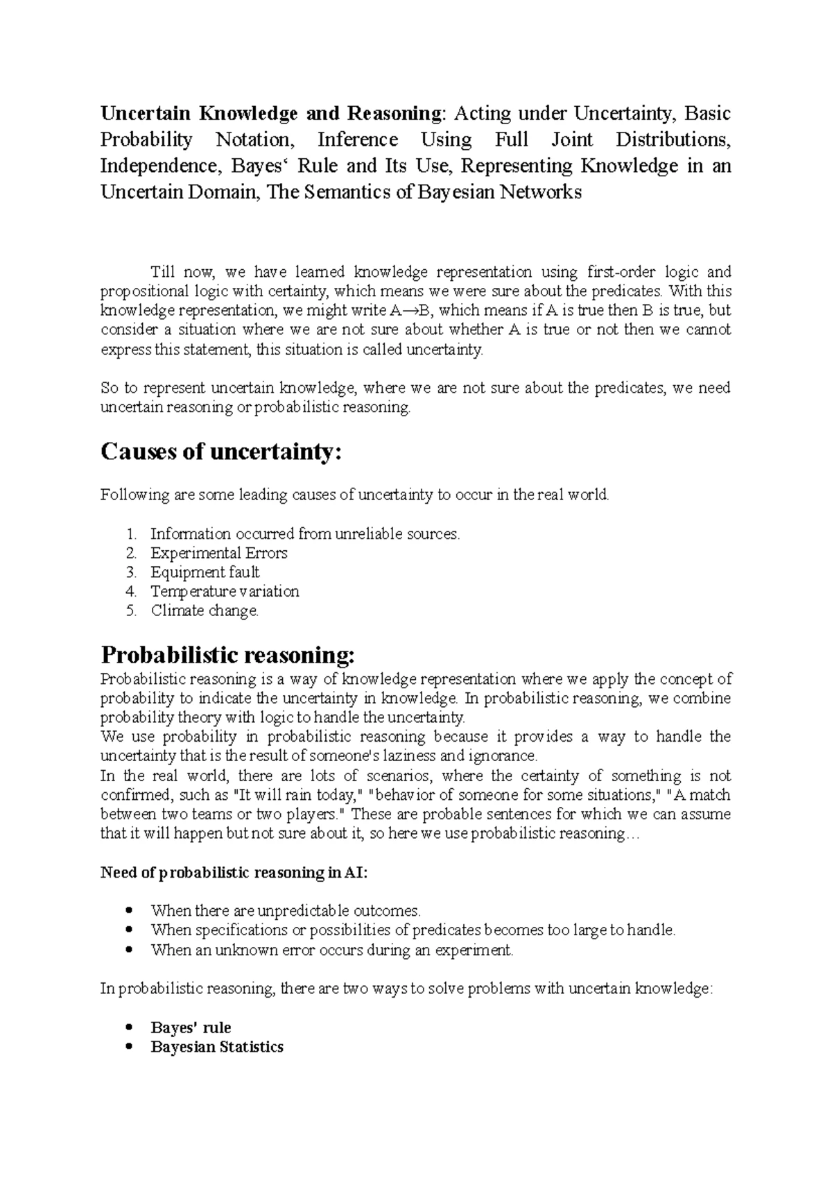 AI Unit 4 - Unit 4 - Uncertain Knowledge and Reasoning: Acting under Uncertainty, Basic ...
