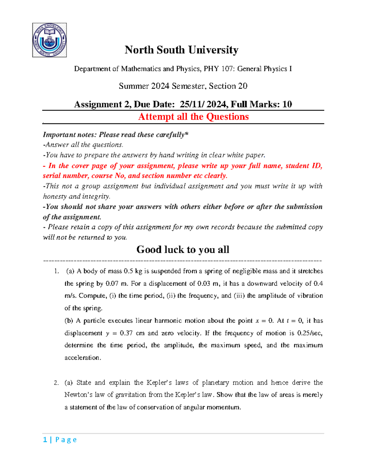 Assignment 2: General Physics I (PHY 107) - Summer 2024 - Studocu