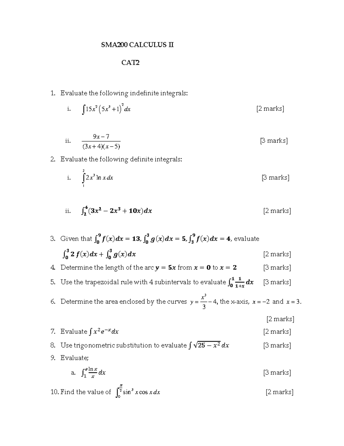 SMA200 Calculus II CAT2 Indefinite & Definite Integrals Guide - Studocu