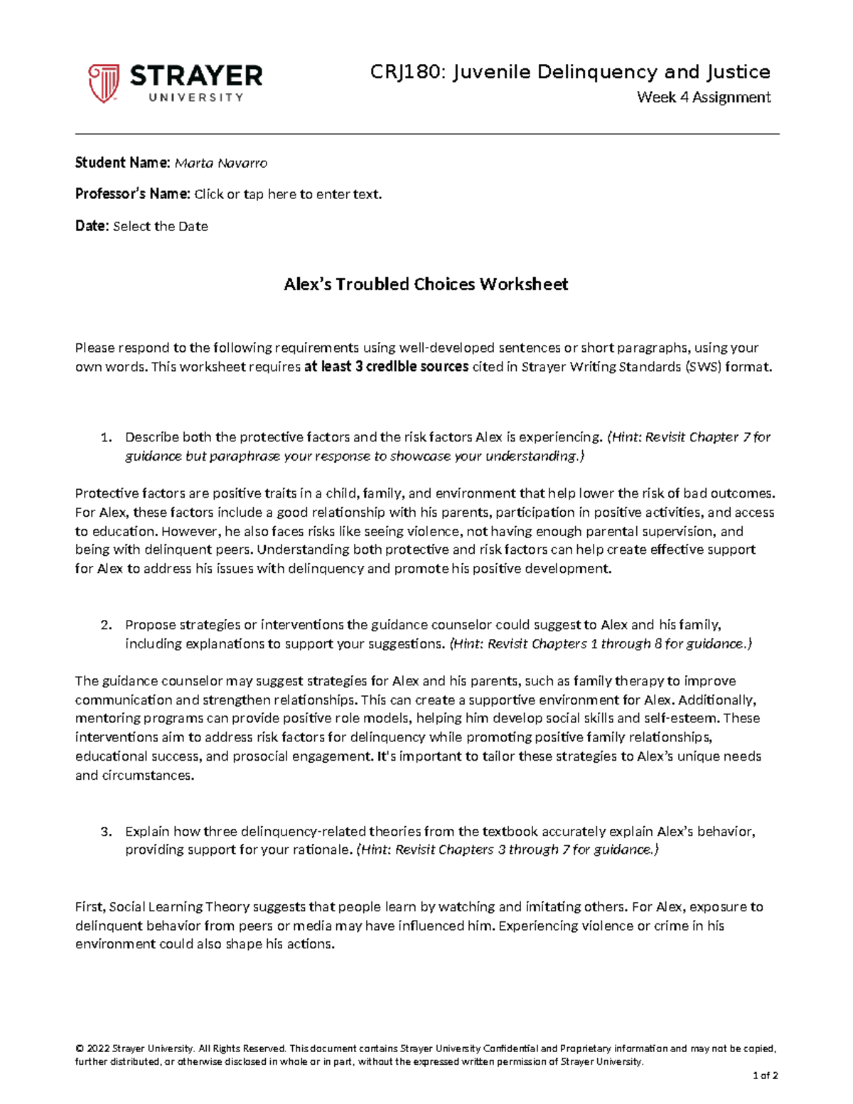 WK4 Assignment - Alex's Troubled Choices Worksheet - CRJ180: Juvenile ...