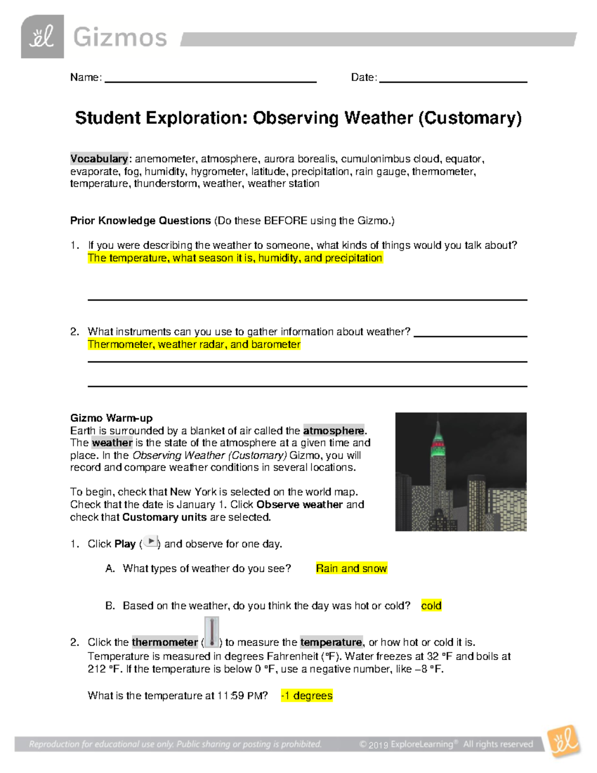 [Observing Weather Gizmo] Observing Weather CSE - Name: Date: Student Exploration: Observing ...