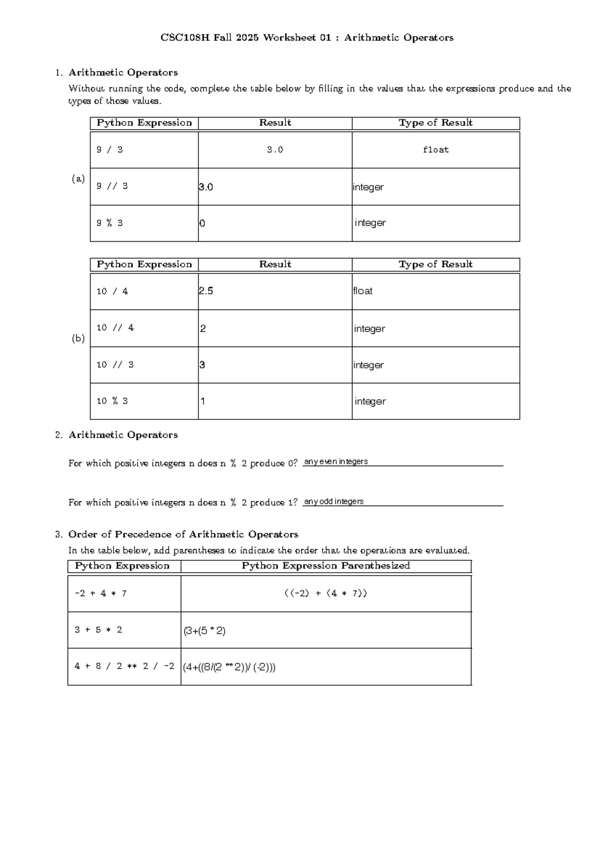 CSC108H Fall 2025 Worksheet 01: Arithmetic Operators Analysis - Studocu