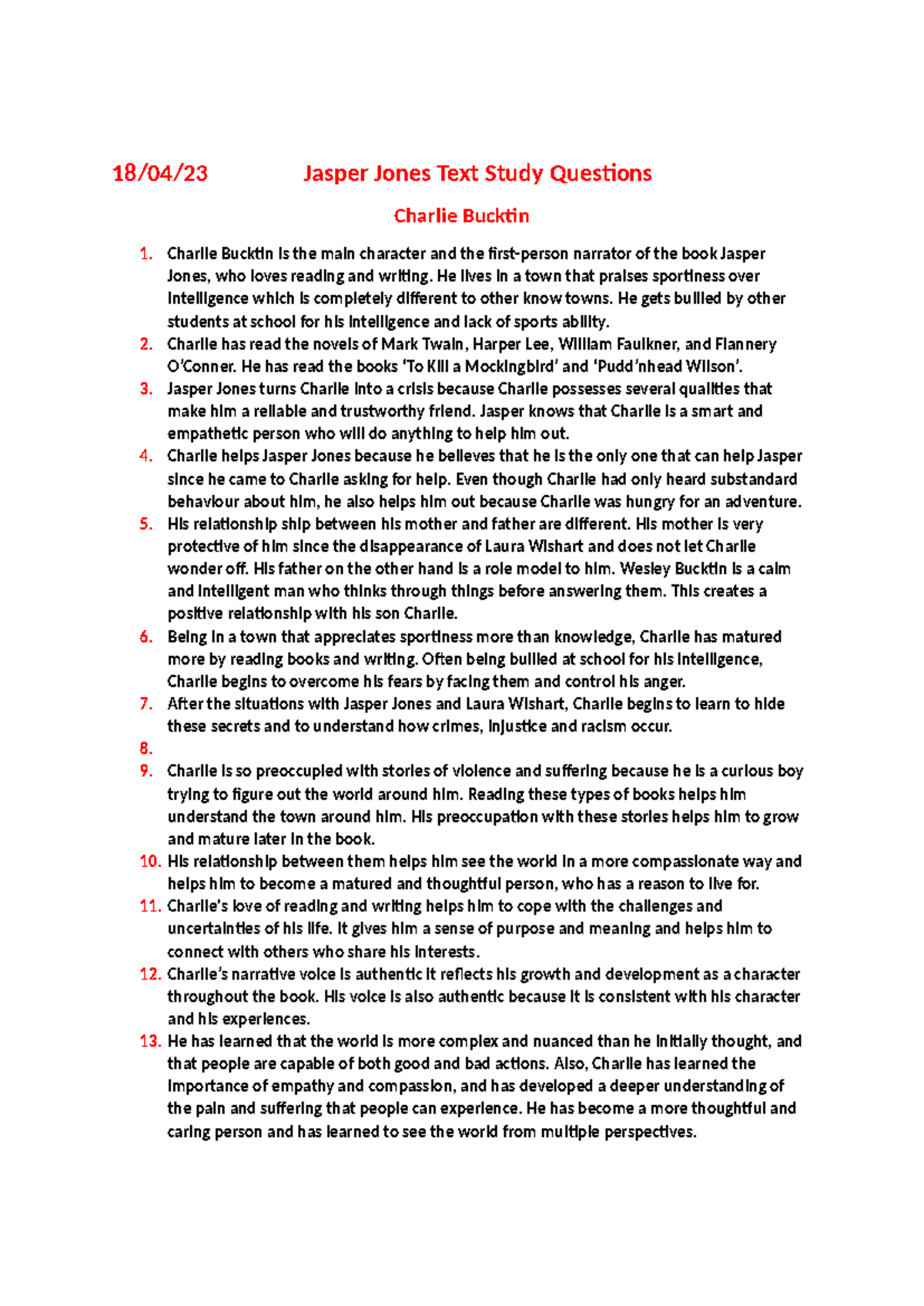 Jasper Jones Text Study Questions: Insights on Charlie Bucktin - Studocu