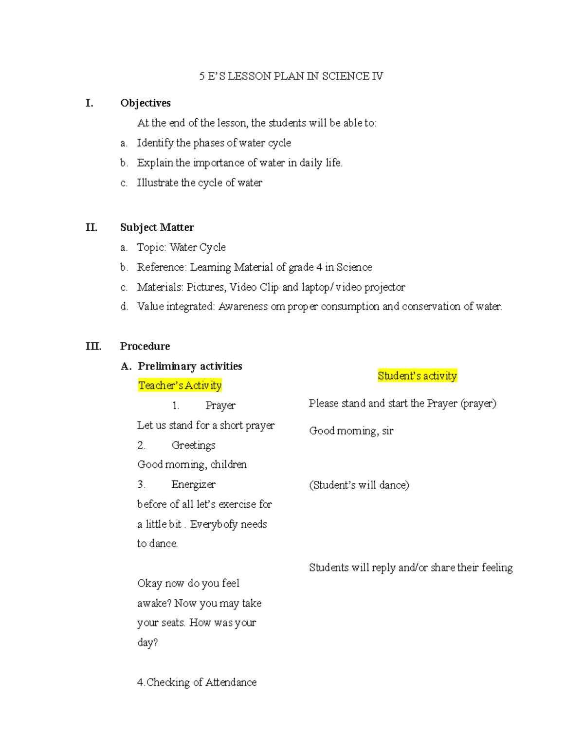 PCK3-LP(Water Cycle) - Lesson Plan - 5 E’S LESSON PLAN IN SCIENCE IV I ...