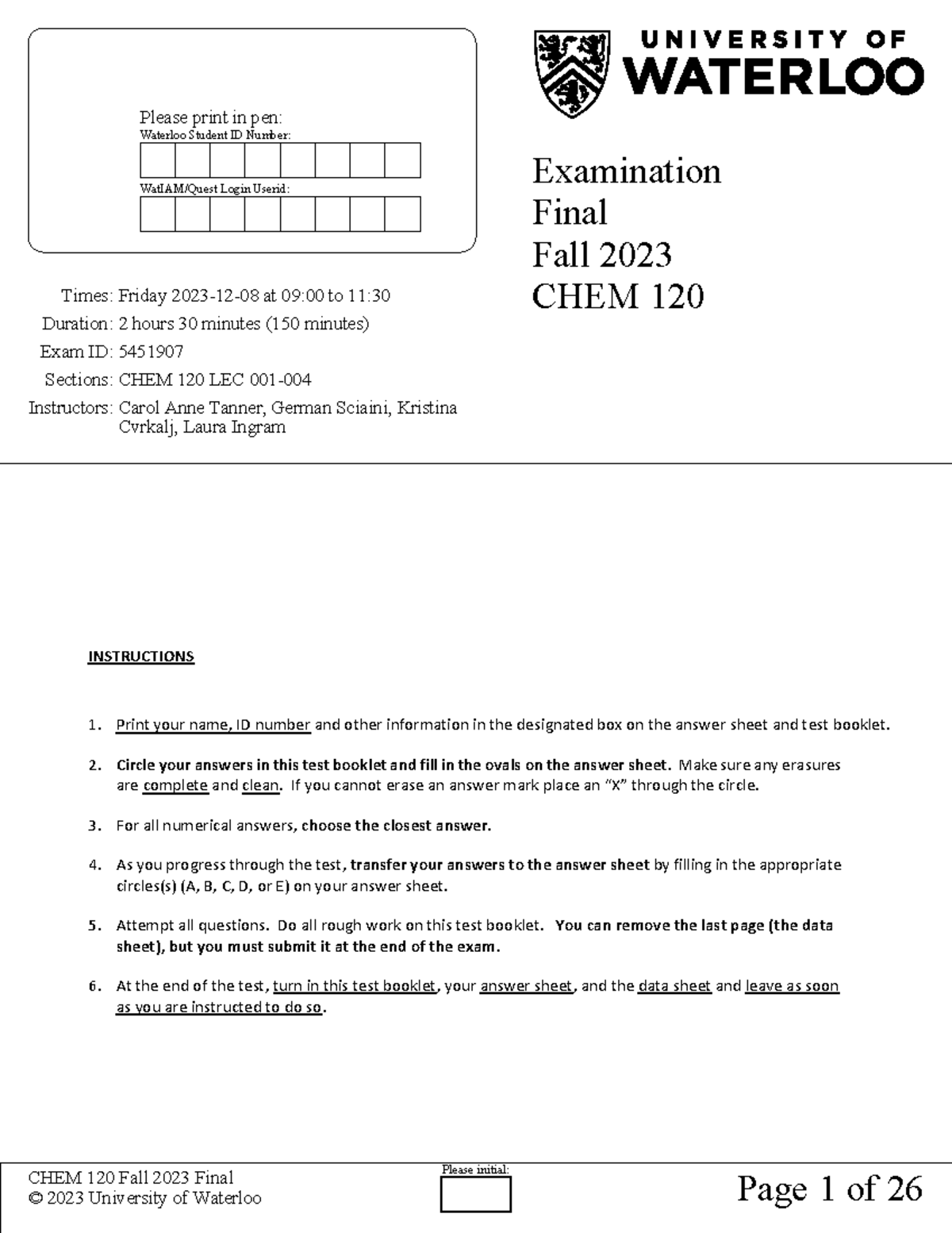 CHEM 120 Final Exam Sample Questions & Solutions - Fall 2023 - Studocu