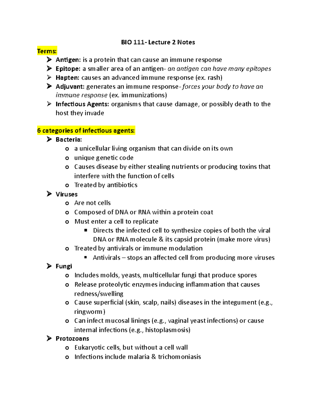 BIO 111 - Lecture 2 - Detailed Review Notes on Immune System ...