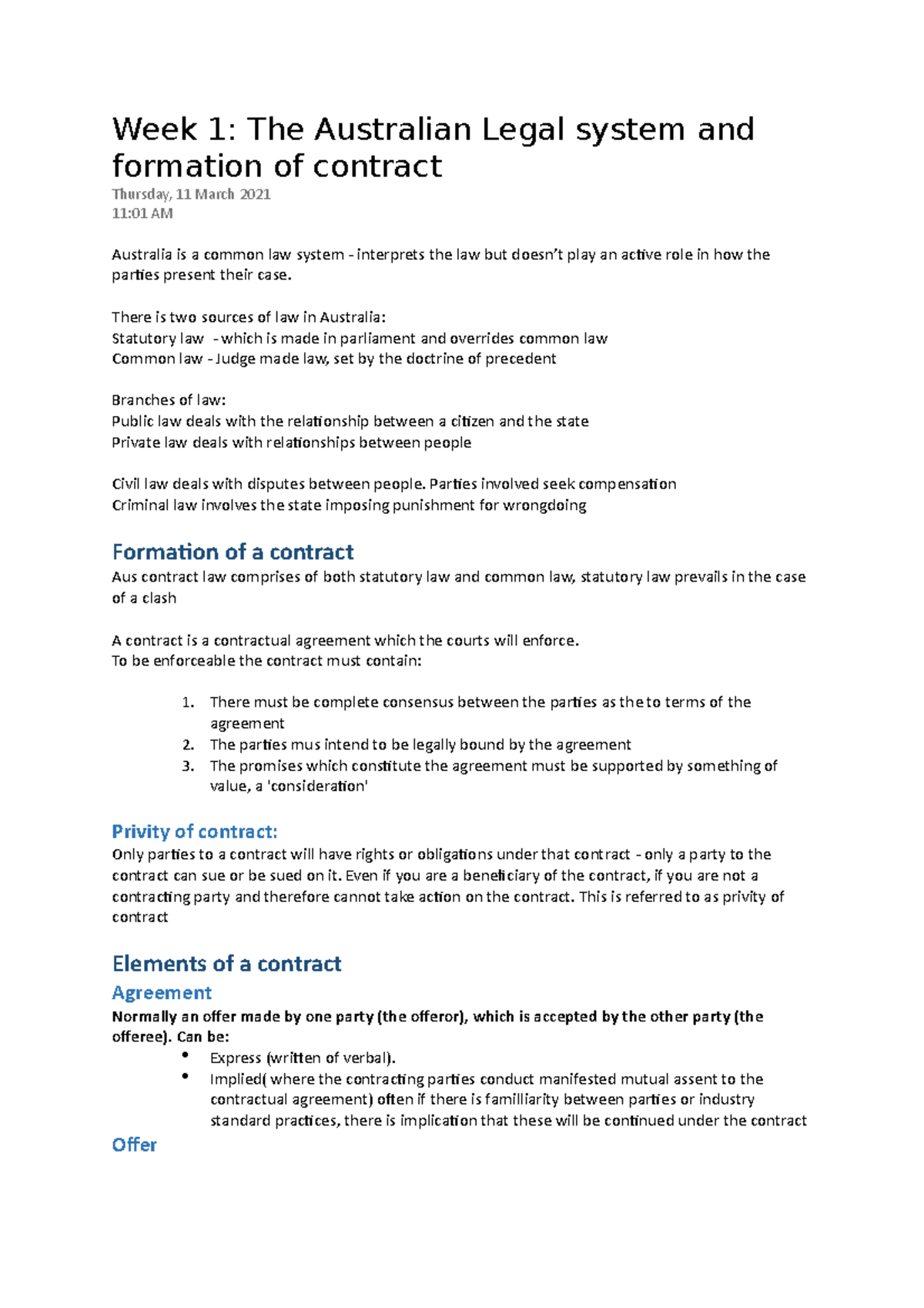 Week 1: The Australian Legal System & Contract Formation Overview - Studocu