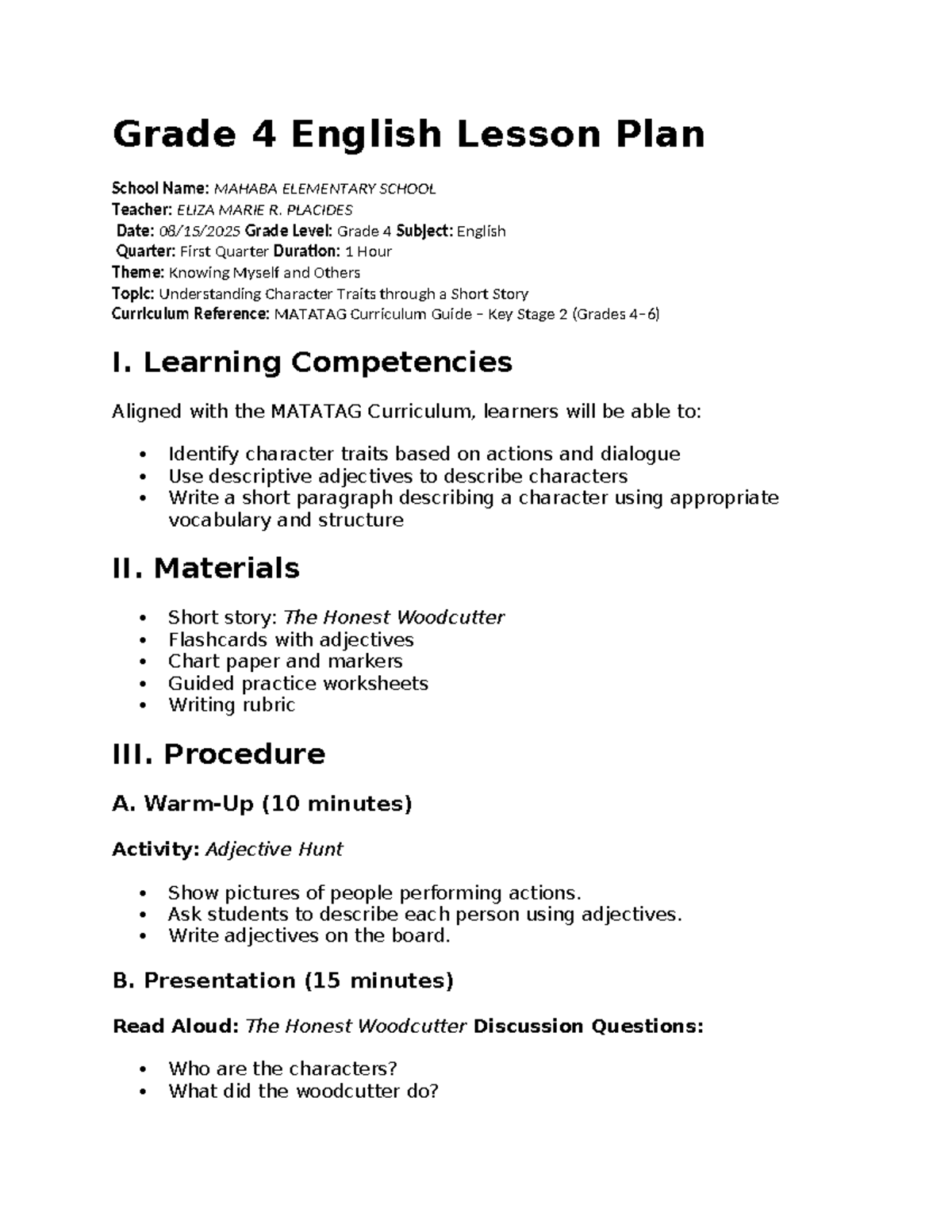 Grade 4 English Lesson Plan: Understanding Character Traits - Studocu