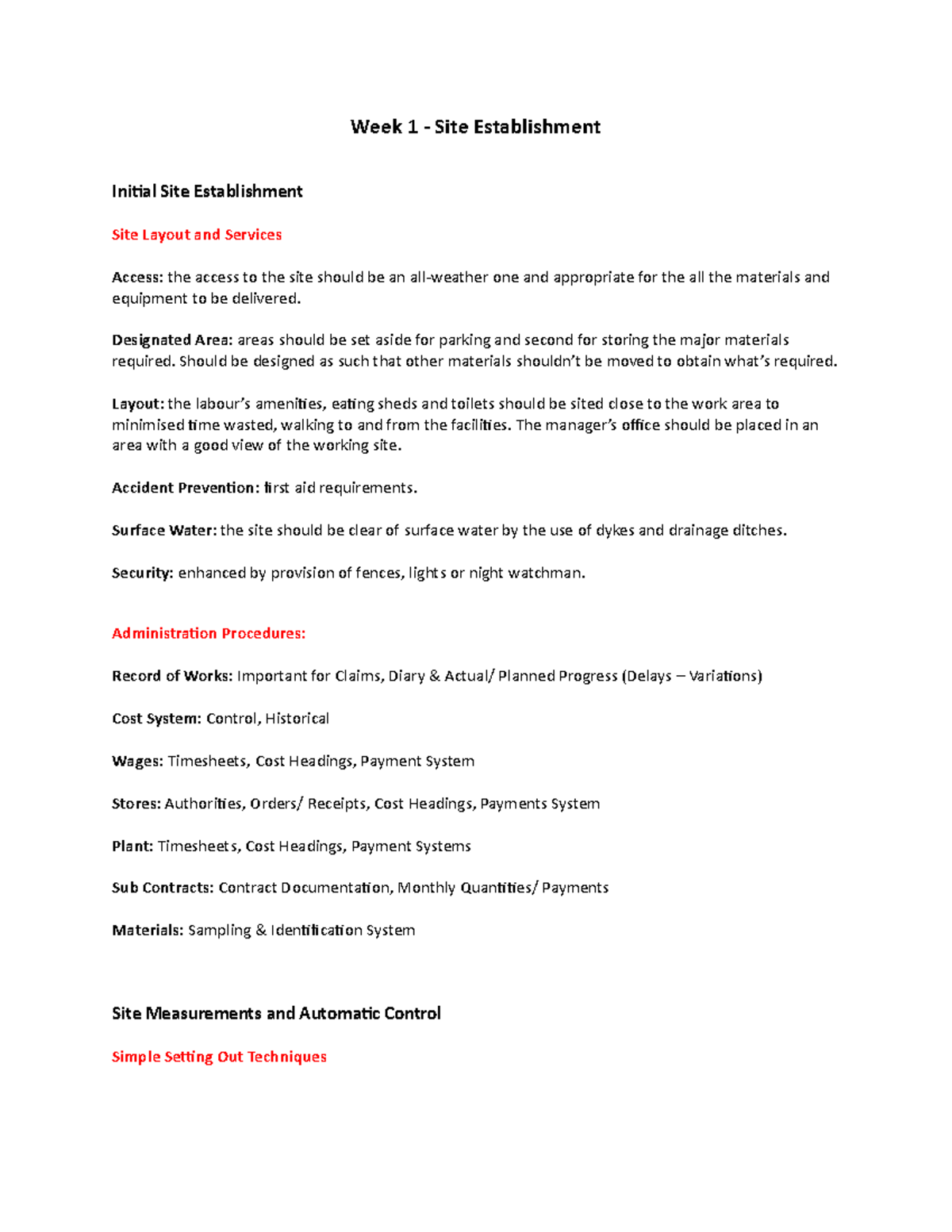 Week 1 / 2 / 3 Notes - Week 1 - Site Establishment Initial Site ...