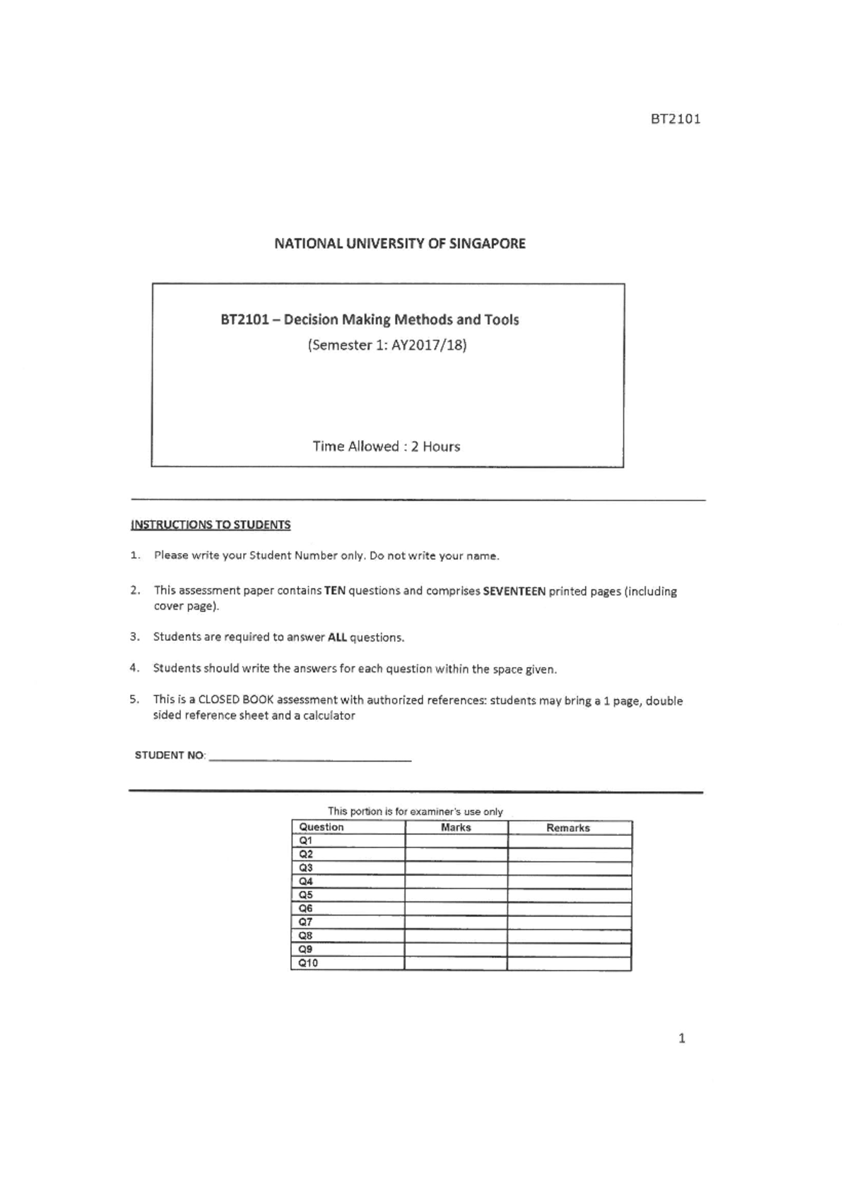 Exam, questions - BT2101 NATIONAL UNIVERSITY OF SINGAPORE BT2101 ...