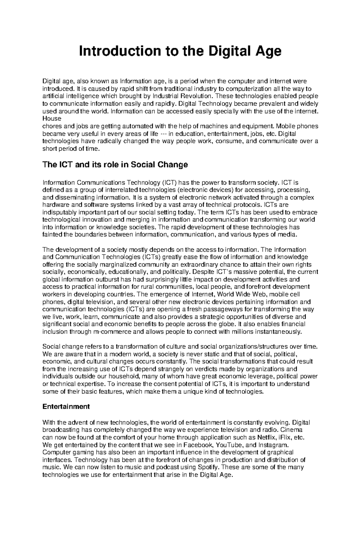 Digital Age Introduction: Impact of ICT on Society and Culture - Studocu