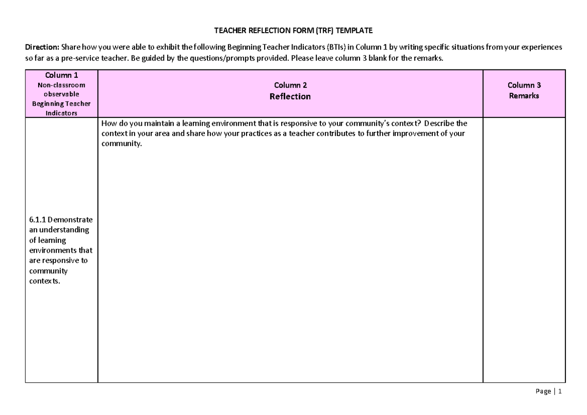 Teacher Reflection Form (TRF): Effective Practices as a Pre-Service ...