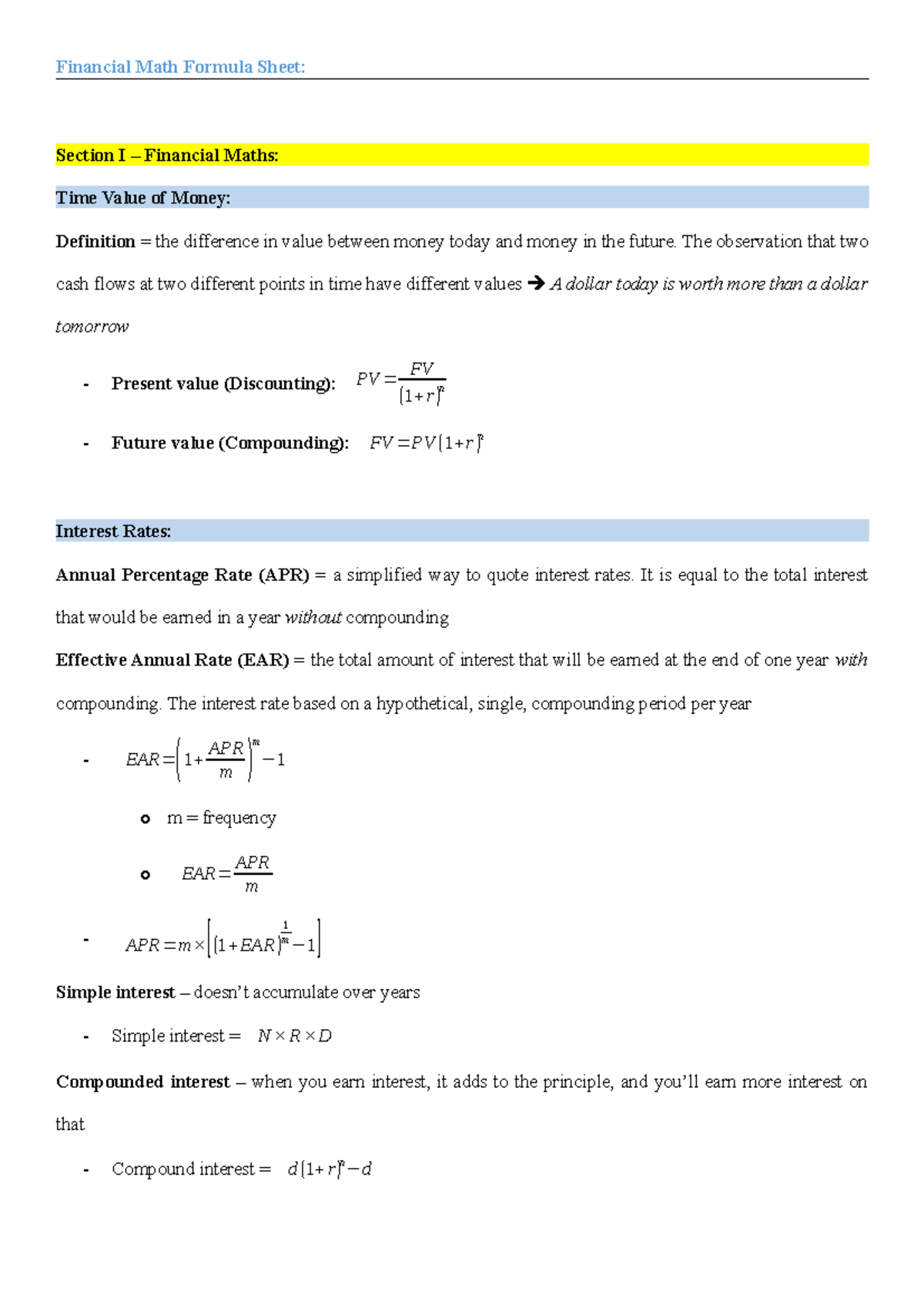 Financial Math (FIN101) Formula Sheet: Key Concepts & Formulas - Studocu