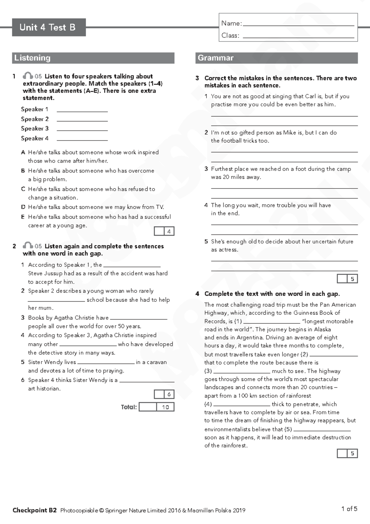 Checkpoint B2 Unit 4 Listening & Reading Test B - Studocu