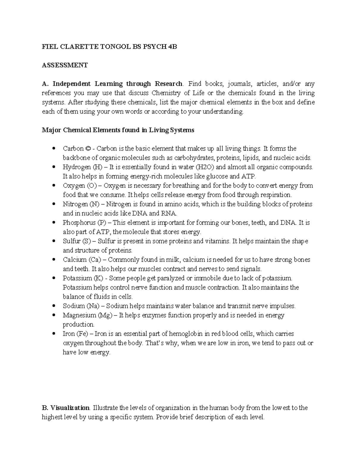 FIEL CLARETTE TONGOL BS PSYCH 4B ASSESSMENT A: Chemistry of Life and ...