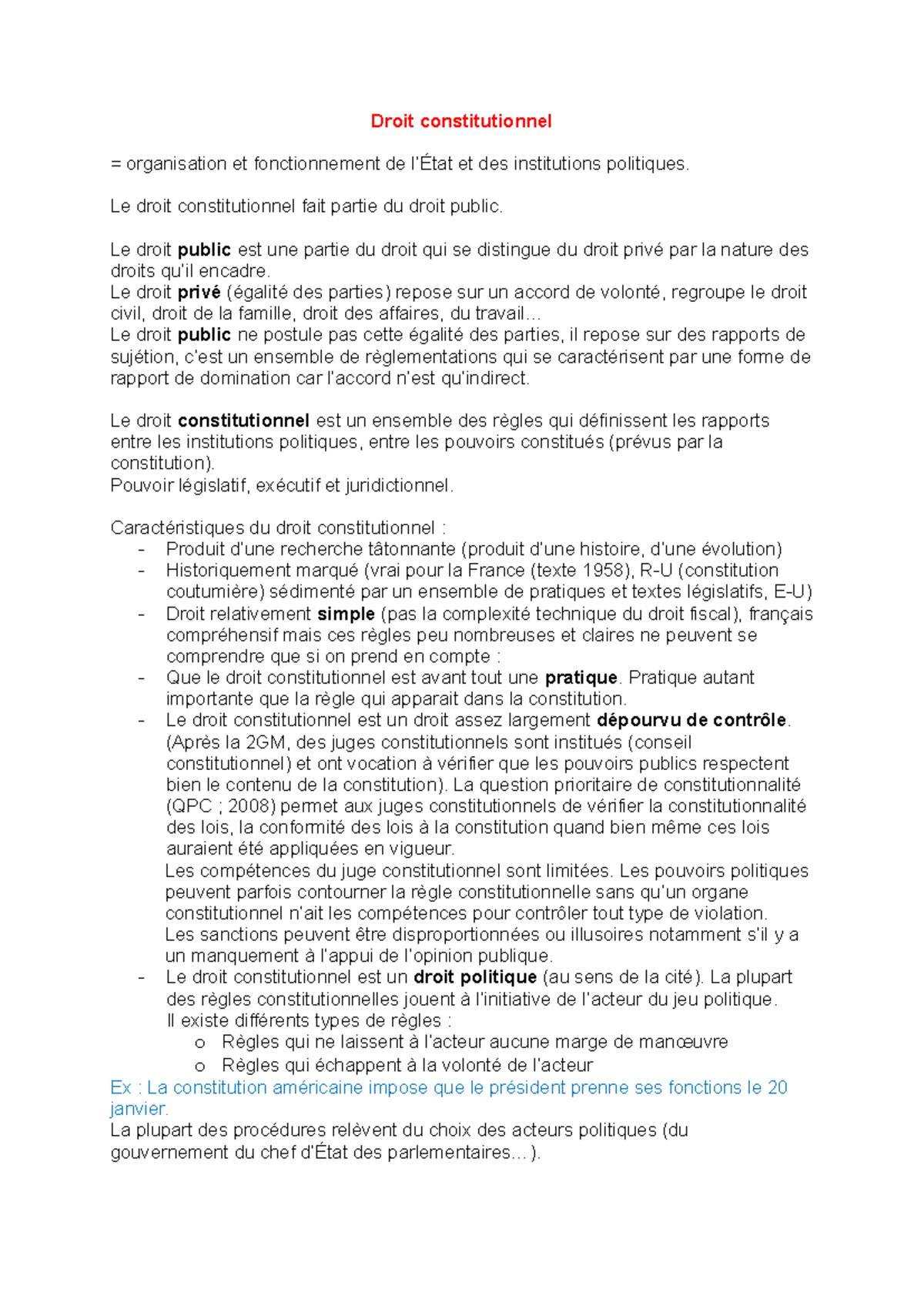 Droit Constitutionnel : Organisation et Fonctionnement des Institutions - Studocu