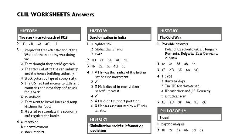 CLIL Worksheet Answer Key for History & Philosophy (Headway 5th Ed ...